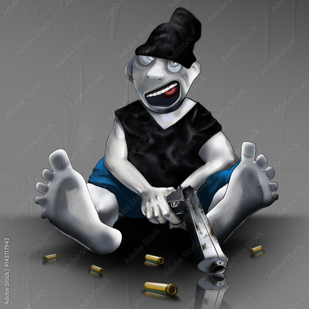 Painted cartoon hooligan with a gun character sketch. Illustration ...