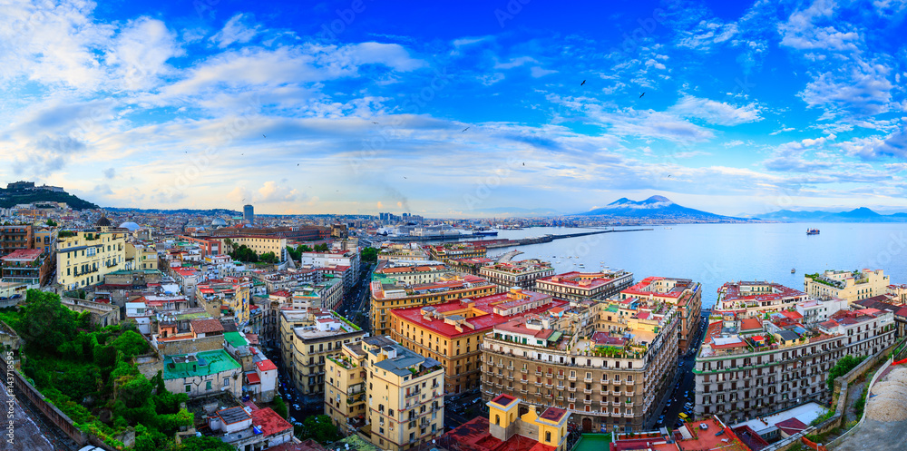 Panoramic seascape of Naples, view of the port in the Gulf of Naples ...