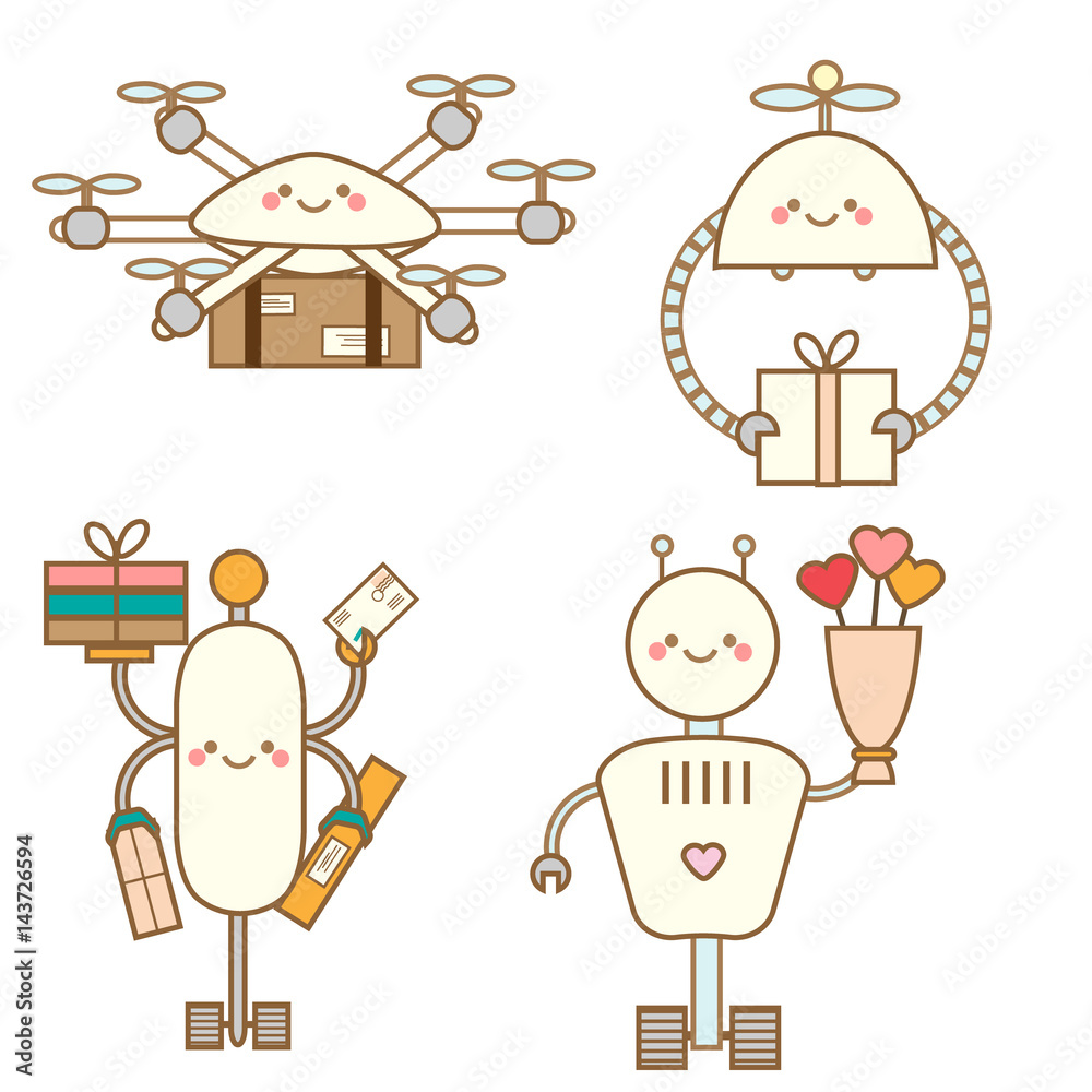 Cute kawaii robots character set. Delivery drones. Androids deliver ...