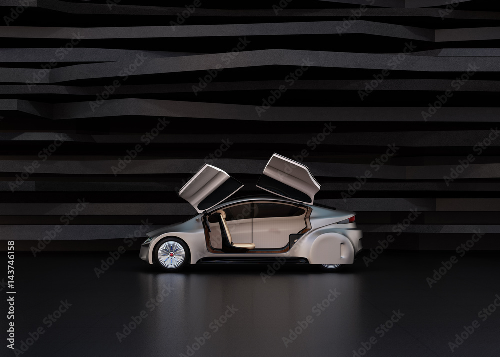 Side view of silver self-driving car on abstract background. Left doors ...