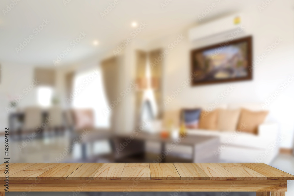 Empty wood table space platform and living room background. Product ...