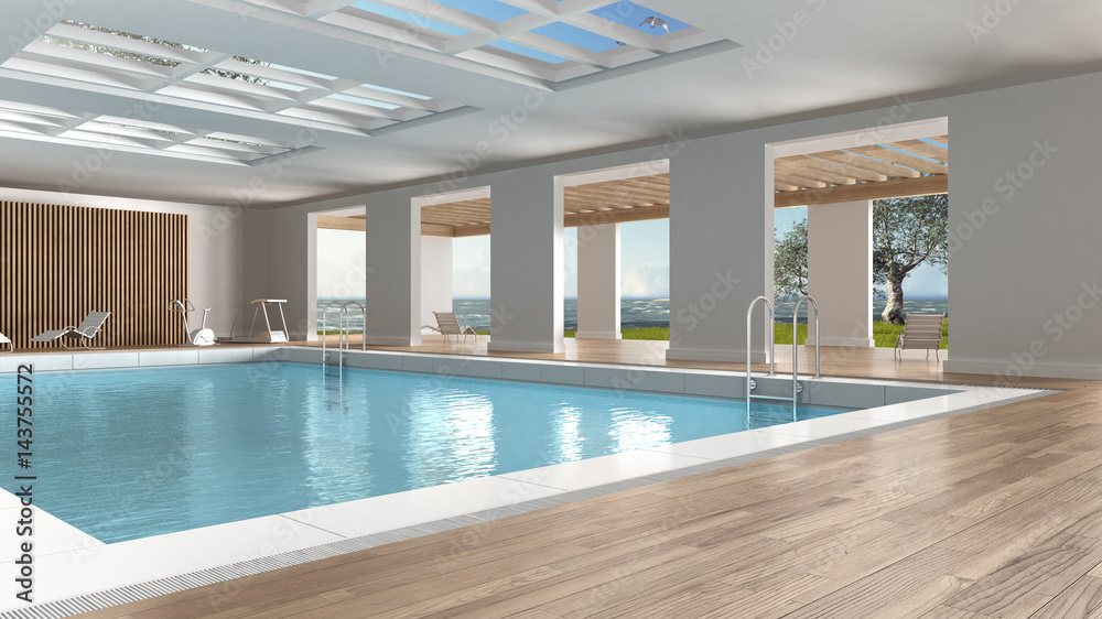 Swimming pool interior design, indoors with big panoramic windows and ...