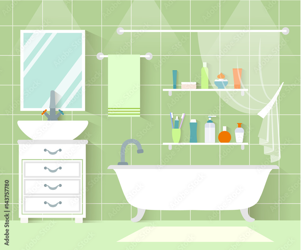 Vector bathroom front view. Interior design in flat style. Bathroom ...