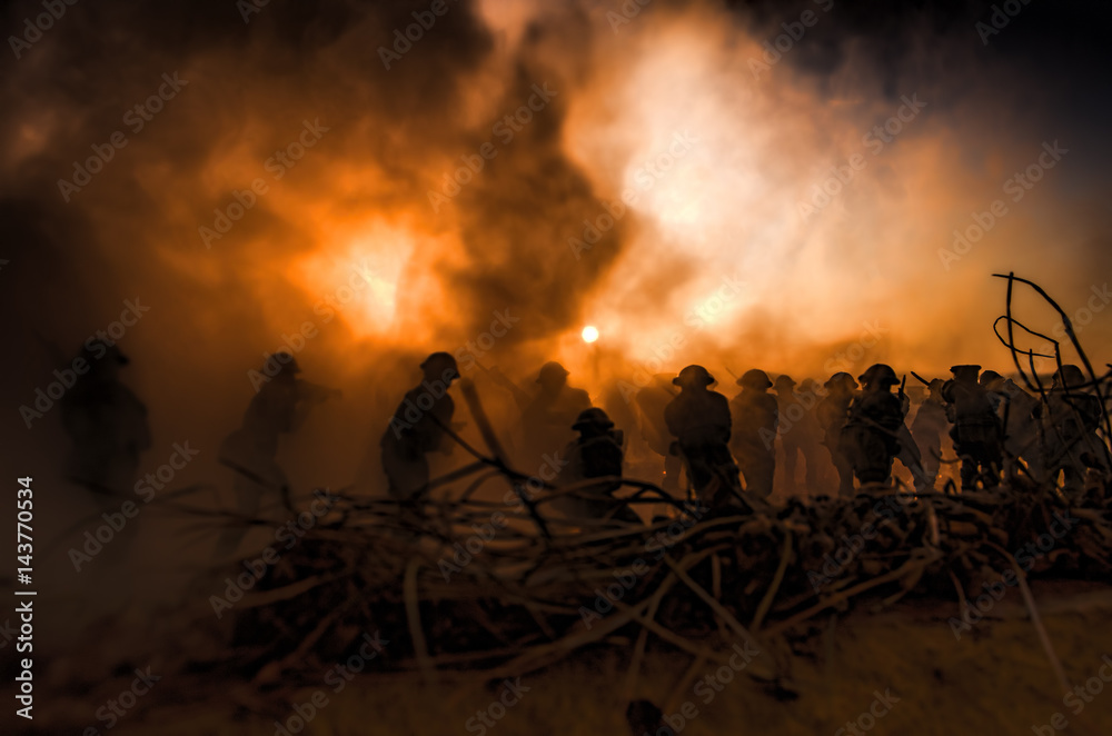 War Concept. Military silhouettes and tanks fighting scene on war fog ...