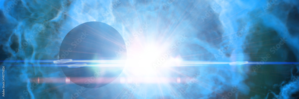 planet orbiting a bright star in a beautiful vibrant blue nebula ...