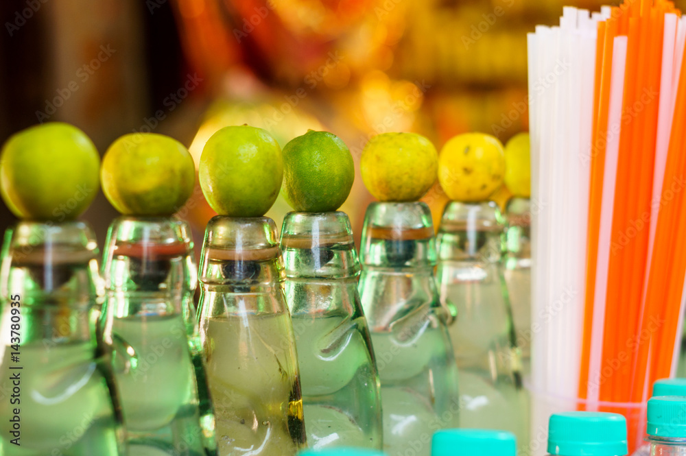 Bottles of traditional indian soft drink called banta. This is ...