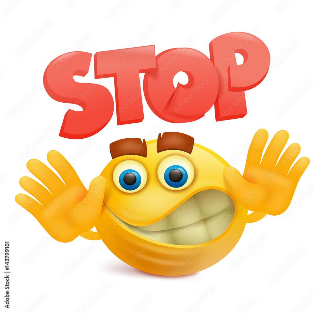 Yellow smile face emoji cartoon character with stop gesture Stock ...