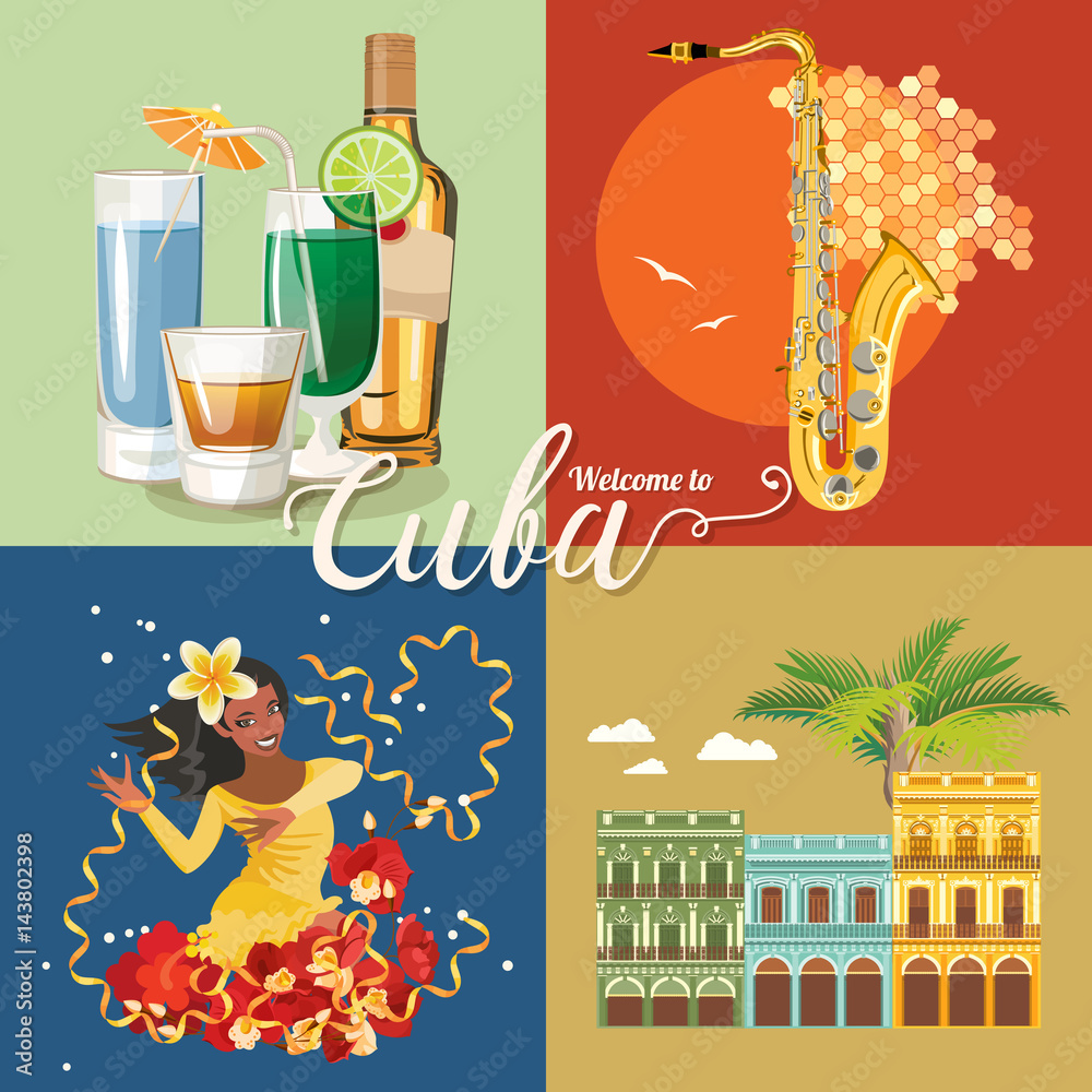 Cuba attraction and sights - travel postcard concept. Vector ...