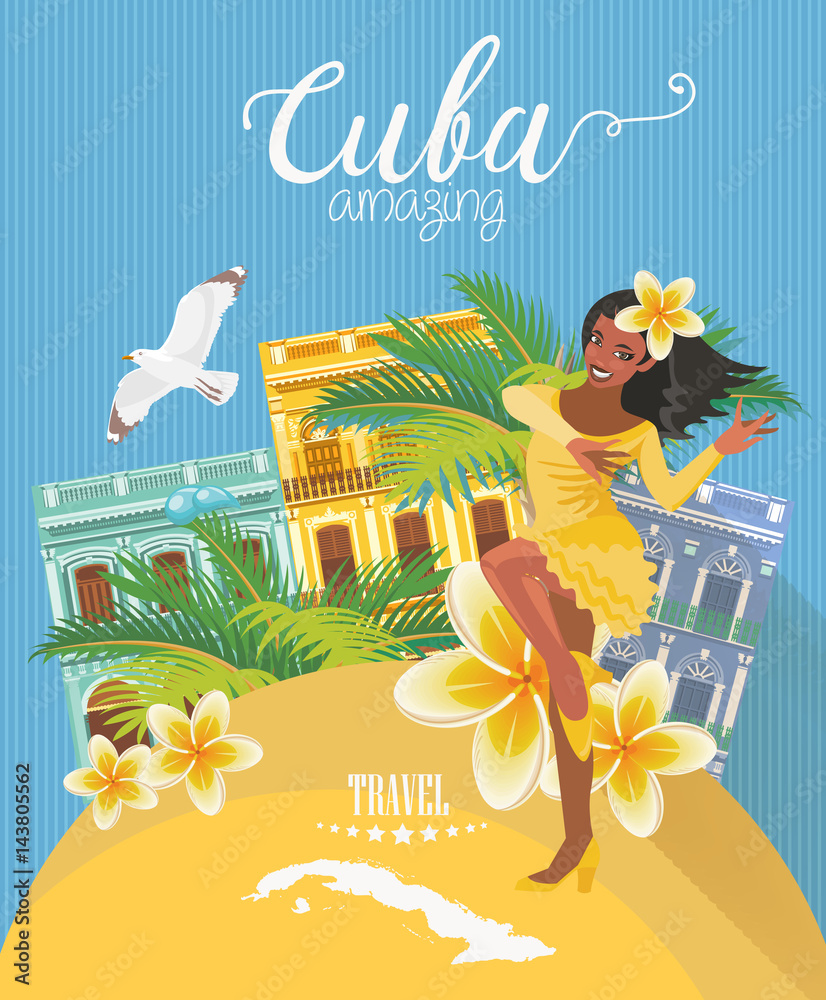 Cuba attraction and sights - travel postcard concept. Vector ...