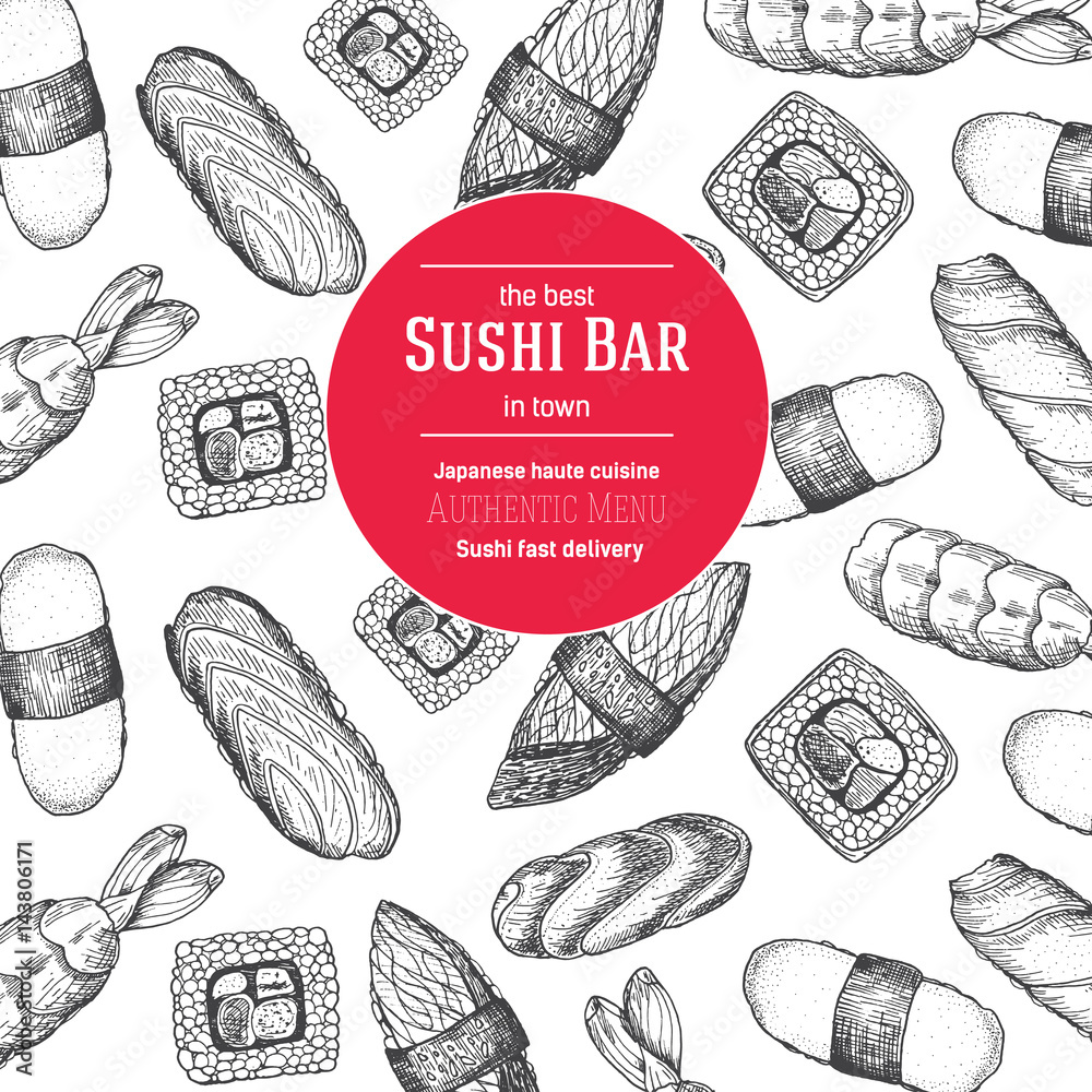 Japanese food vector illustration. Hand drawn Sushi design template ...