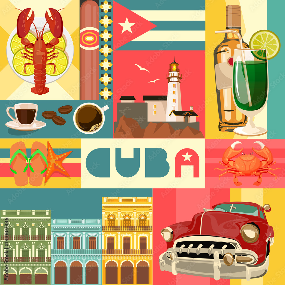 Cuba attraction and sights - travel postcard concept. Vector ...