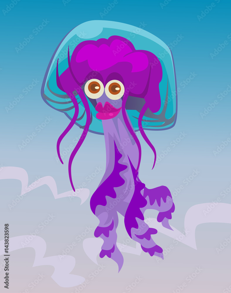 Cute happy smiling female jellyfish character. Vector flat cartoon ...