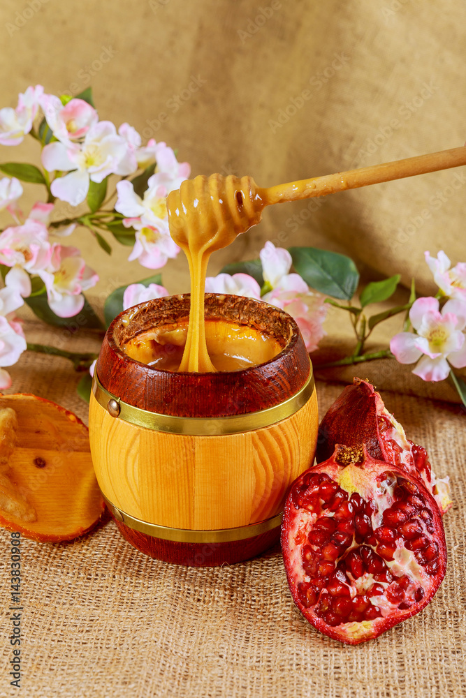 rosh hashanah jewesh holiday concept - honey, apple and pomegranate ...