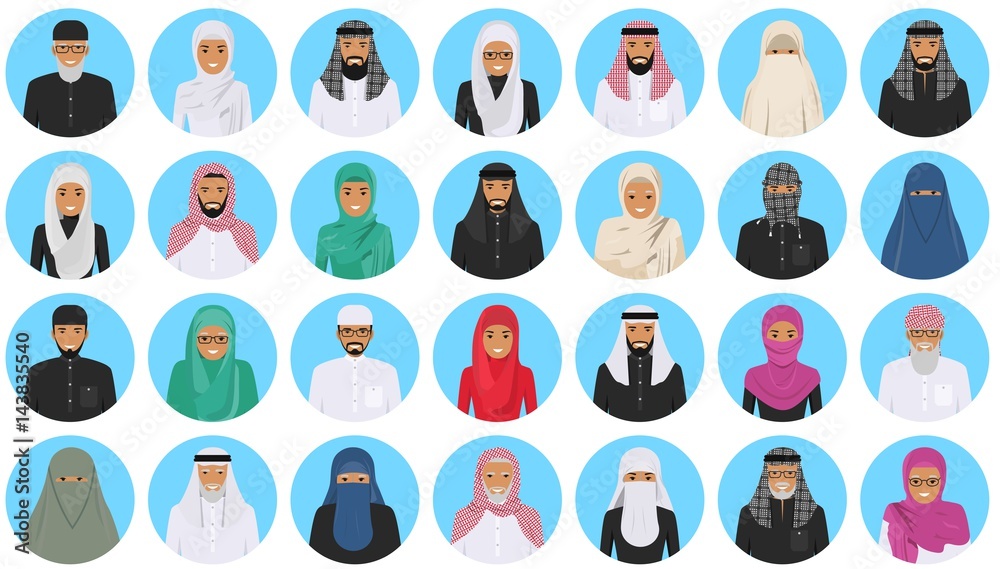 Different muslim arab people characters avatars icons set in flat style ...