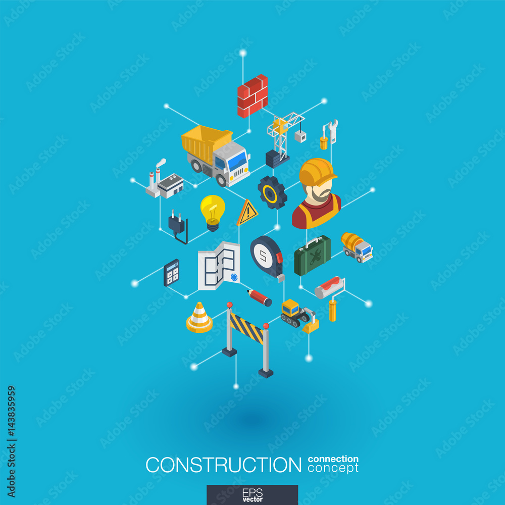 Construction integrated 3d web icons. Digital network isometric ...