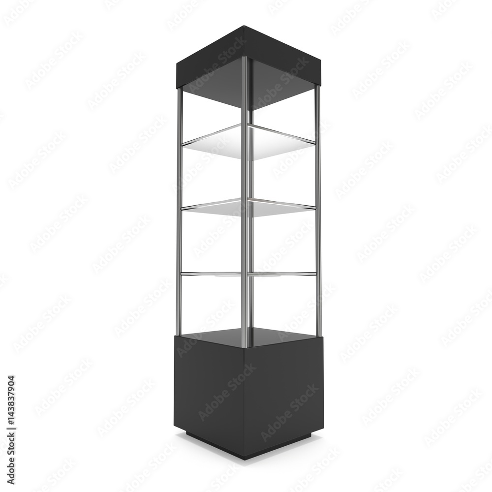 Empty showcase with glass shelves for exhibit. 3D render illustration ...