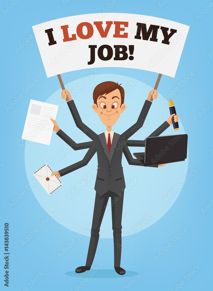Happy successful smiling businessman with many hands holds banner I ...