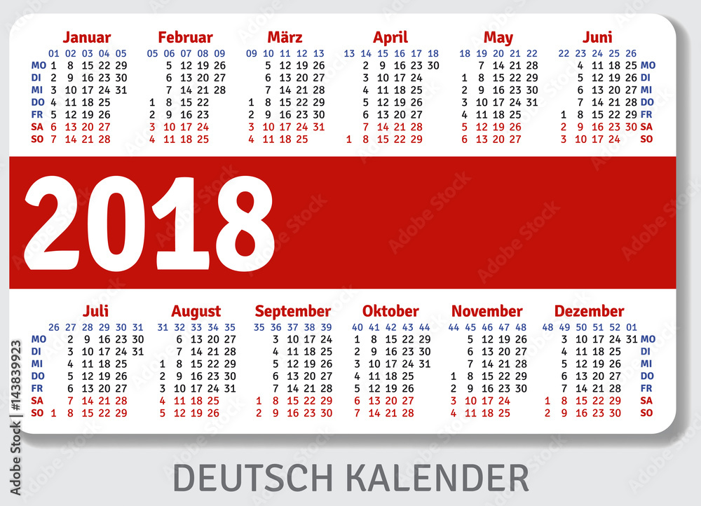 German pocket calendar for 2018, standard size ISO 7810 ID-1, vector ...