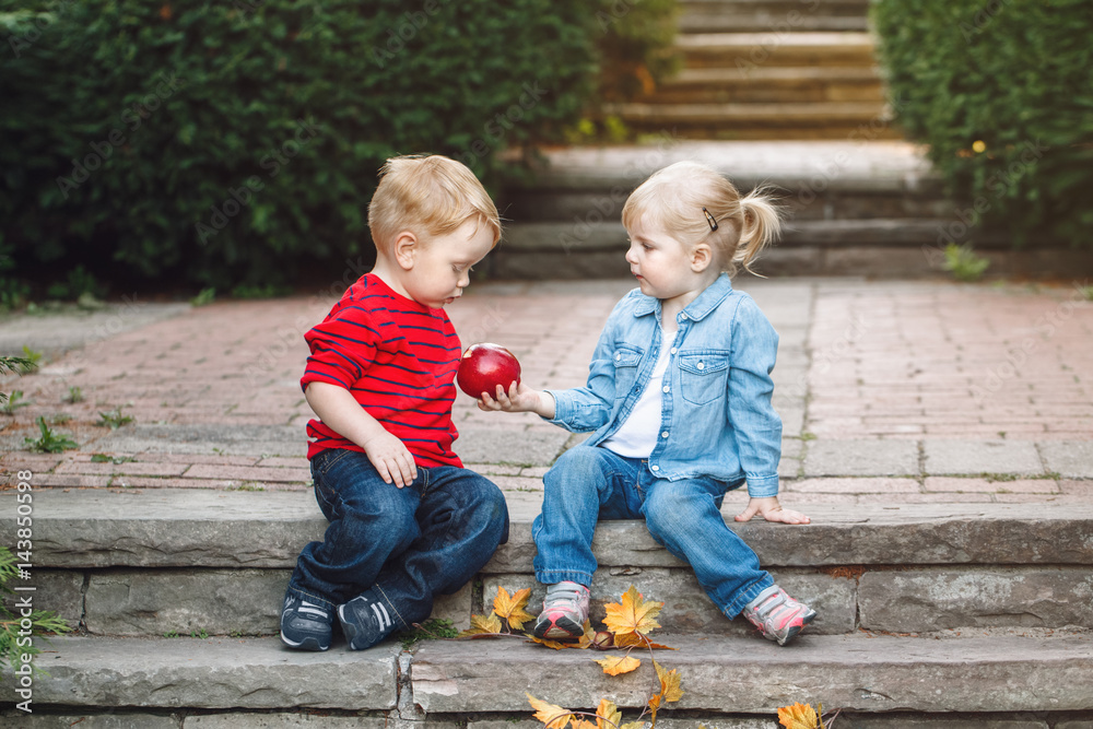 Group portrait of two white Caucasian cute adorable funny children ...
