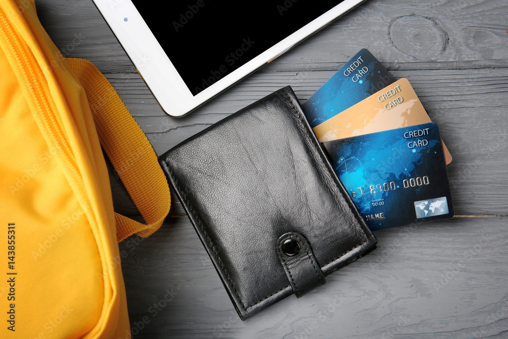 Composition with credit cards in wallet on wooden background Stock ...