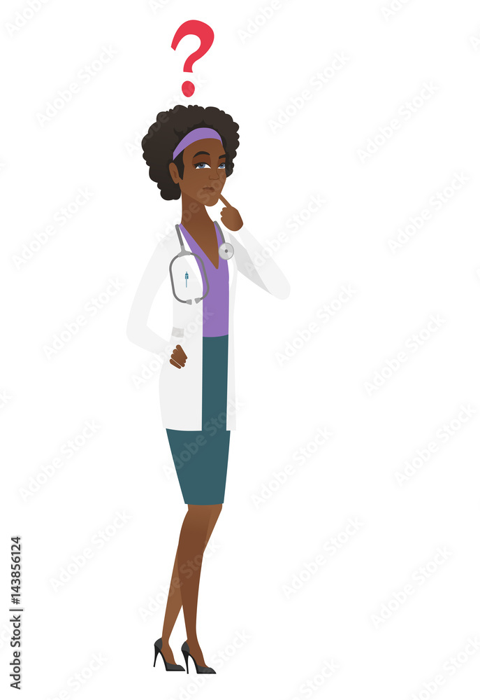 Thinking doctor with question mark. Stock Vector | Adobe Stock