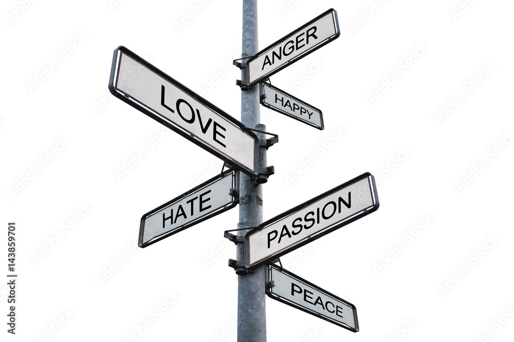 Human feelings and emotions on sign post, isolated on white background ...