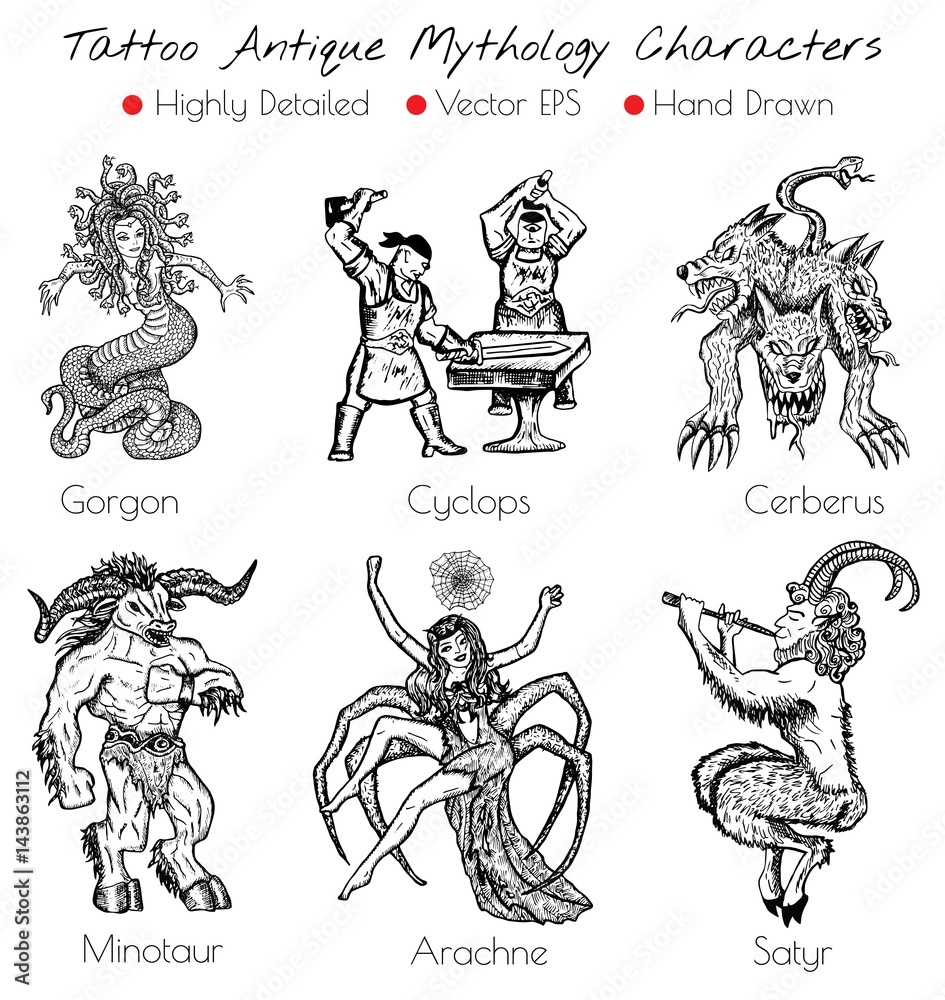 Tattoo set with hand drawn antique mythology characters. Vector ...