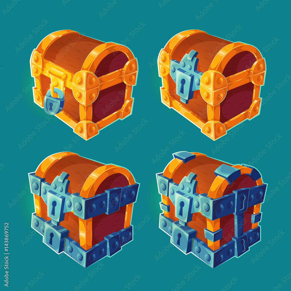 Collection of isolated vector cartoon illustrations of wooden chests ...