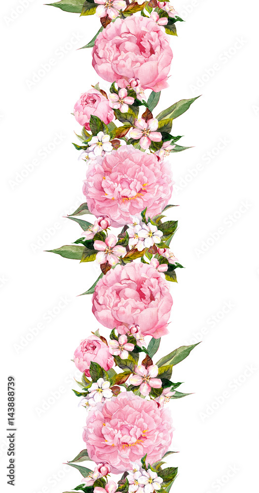 Floral border with pink flower. Seamless vintage strip. Watercolor ...