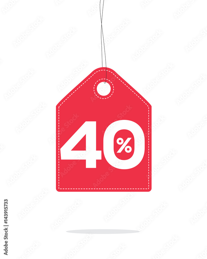 Vector red hanging price tag label designed with 40% text and stitches ...
