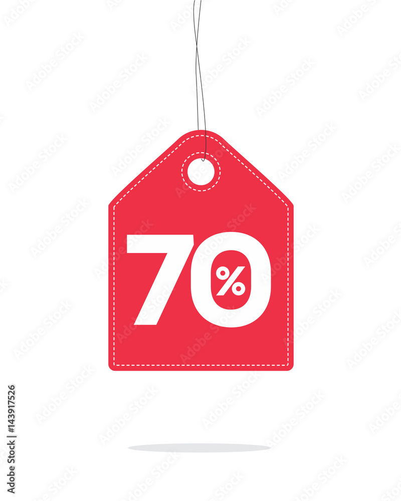 Vector red hanging price tag label designed with 70% text and stitches ...