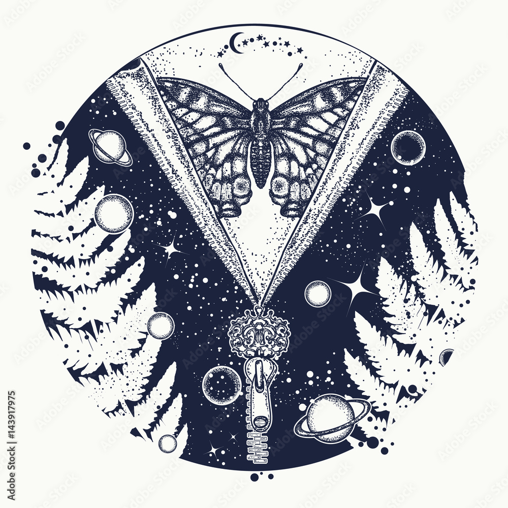 Universe and butterfly tattoo art. Symbol of esoterics, mysticism ...