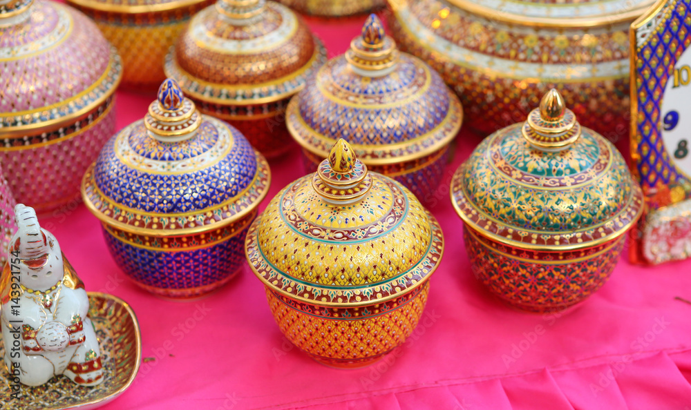 Craft Benjarong is traditional thai five basic colors style pottery for ...