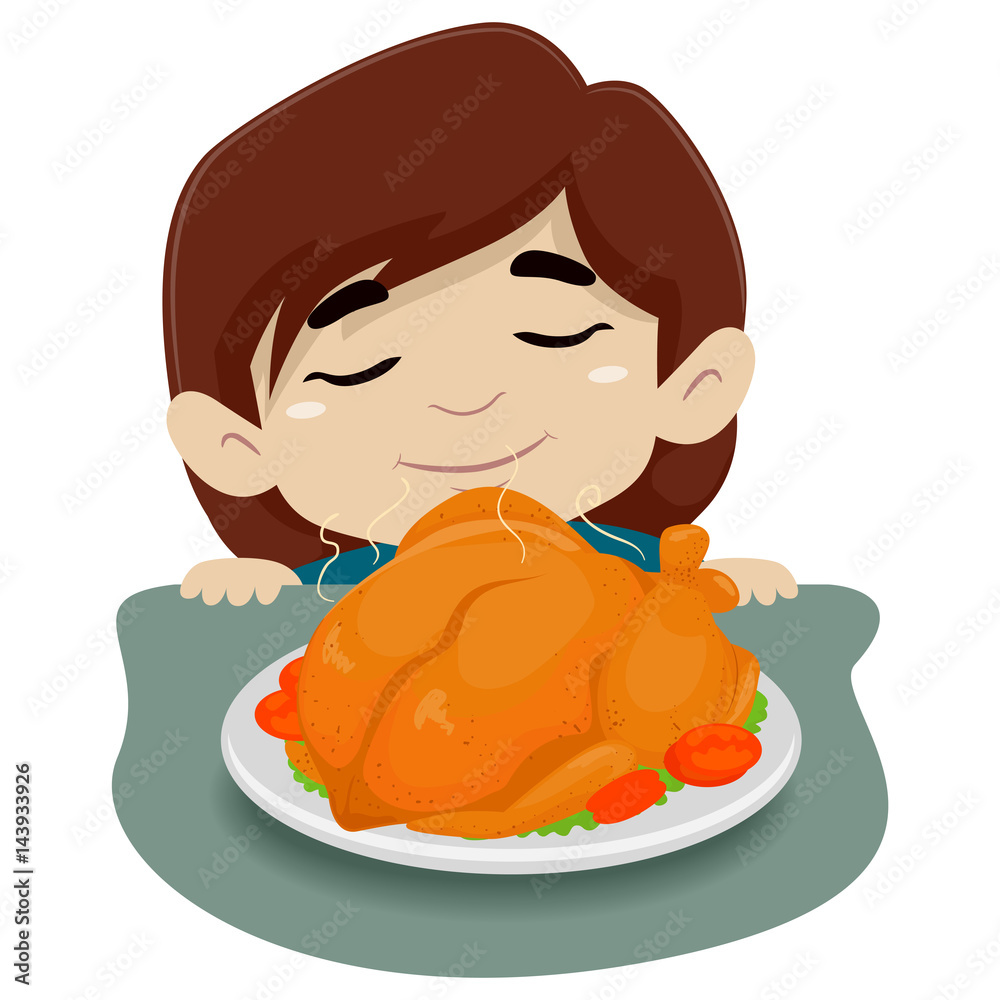 Vector Illustration of Little Girl Smelling the Chicken on the Table ...