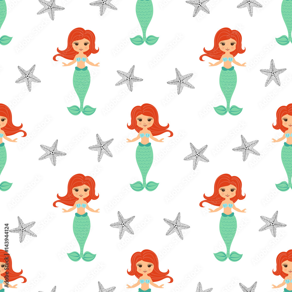 Seamless cute little mermaids pattern. Vector cartoon illustration ...