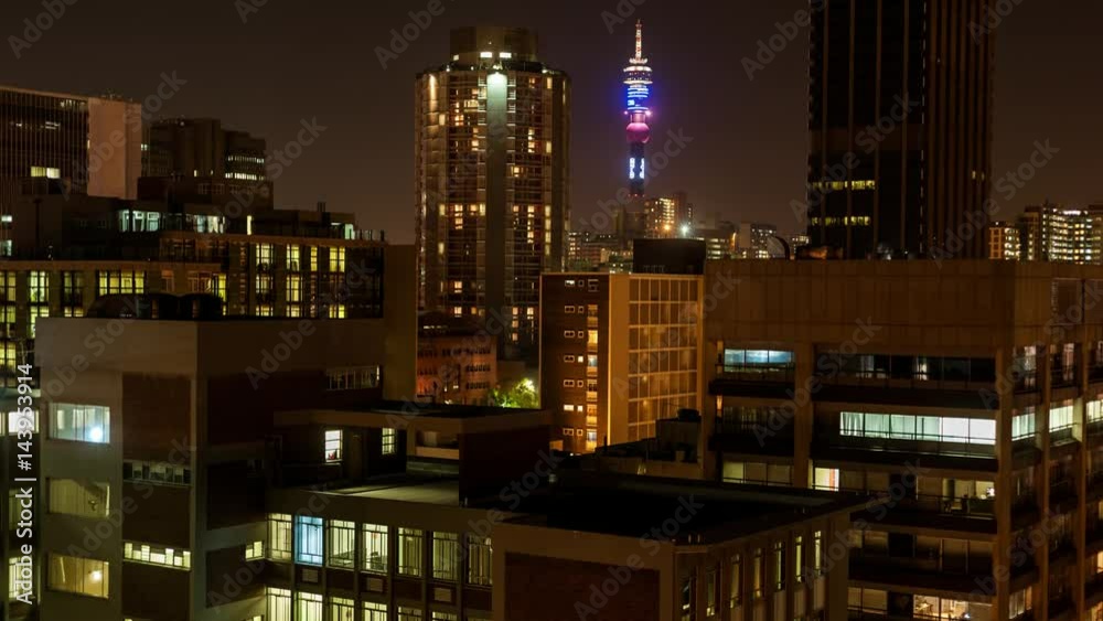 Static close-up timelapse at night of the Hillbrow Tower / Telkom tower ...