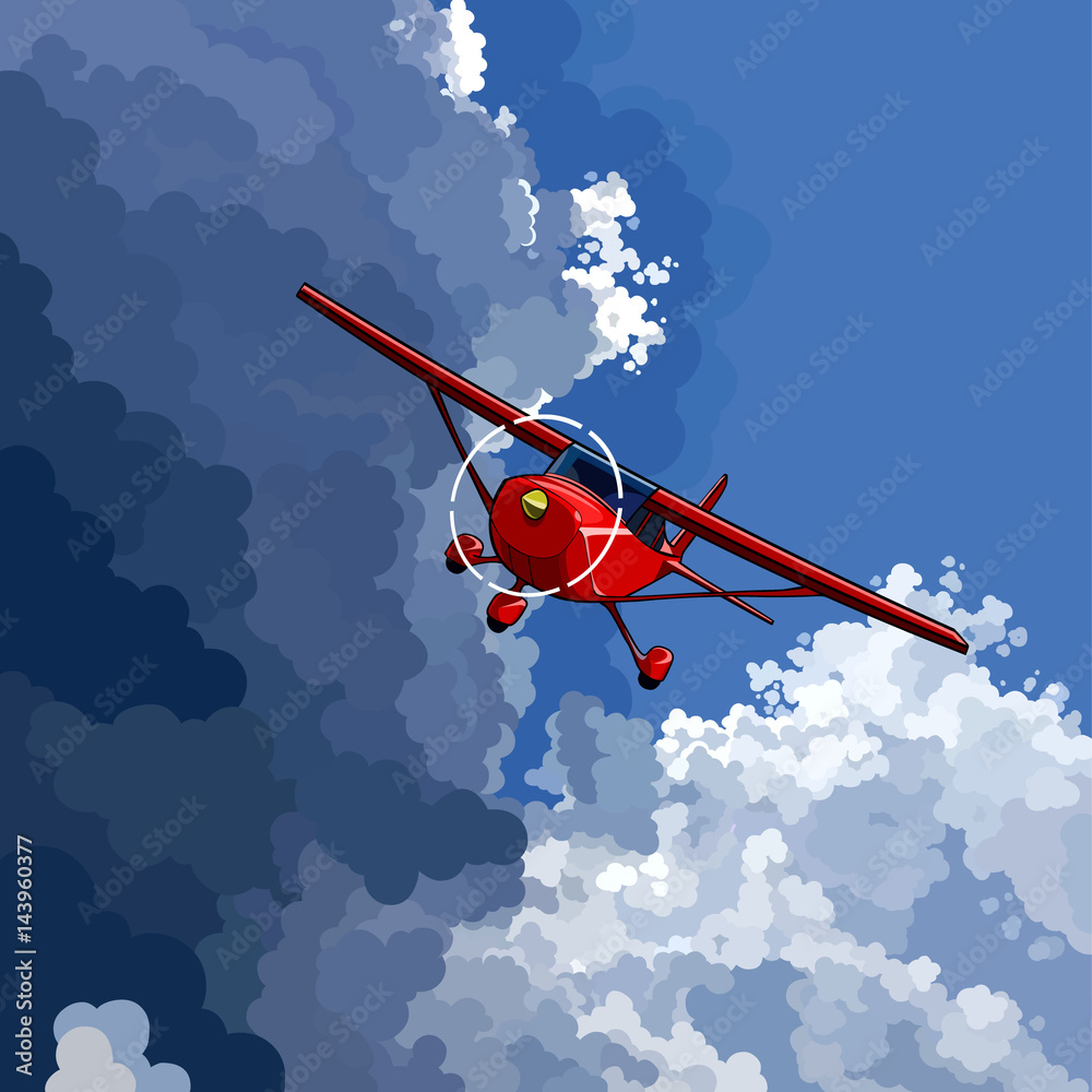 cartoon red little plane flies on the border of a clear sky with a ...