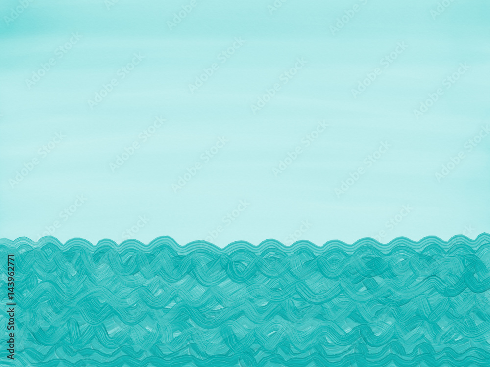 Hand drawn colorful blue waves of ocean on the watercolor background ...