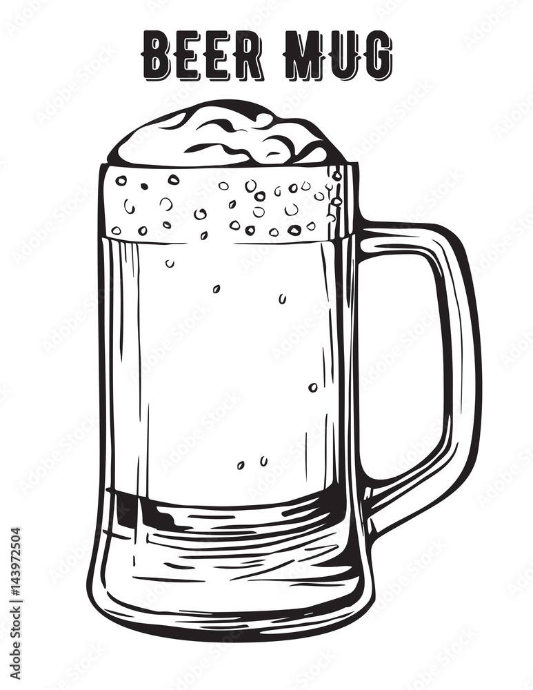 Black and white vector image of a beer mug. Drink with a lot of foam ...