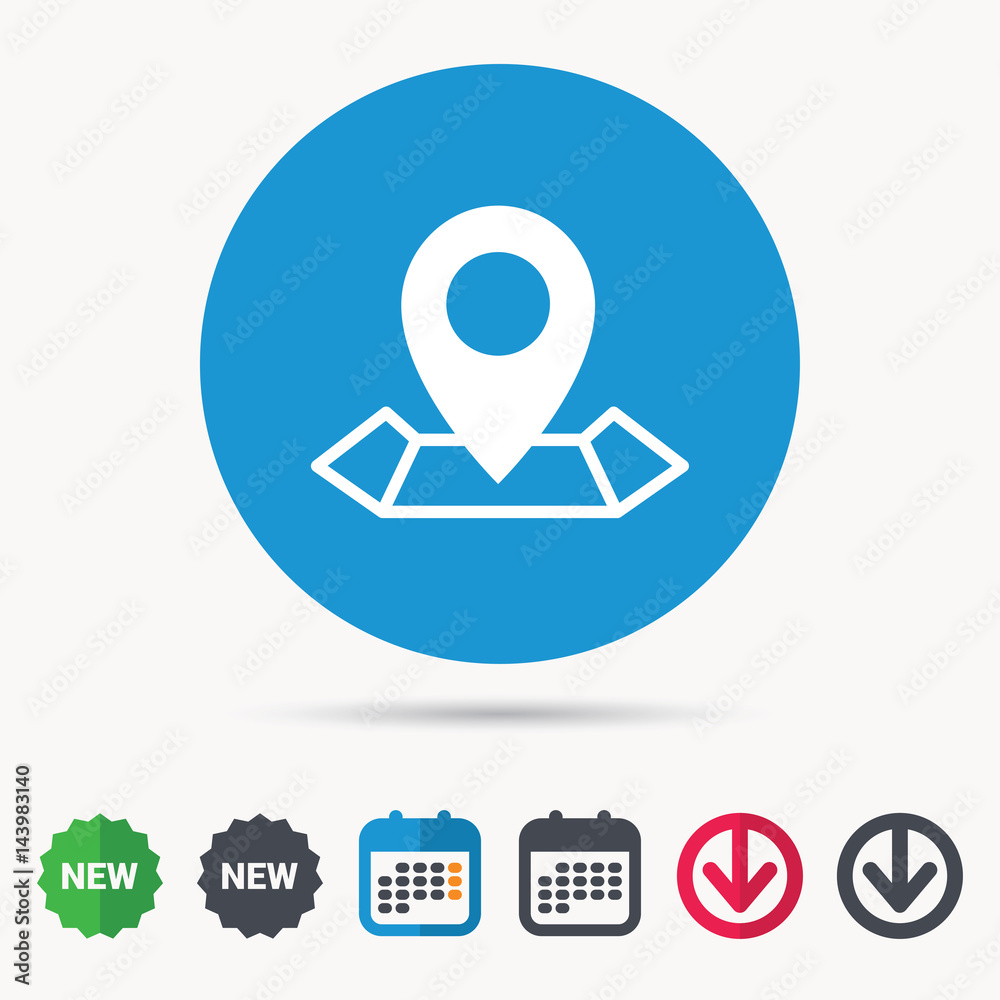Location icon. Map pointer symbol. Calendar, download arrow and new tag ...