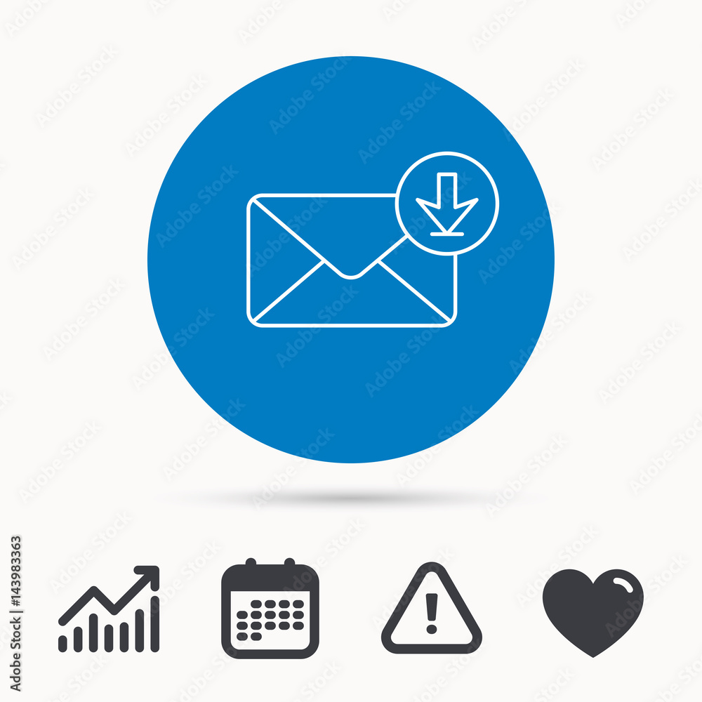 Mail inbox icon. Email message sign. Download arrow symbol. Calendar ...