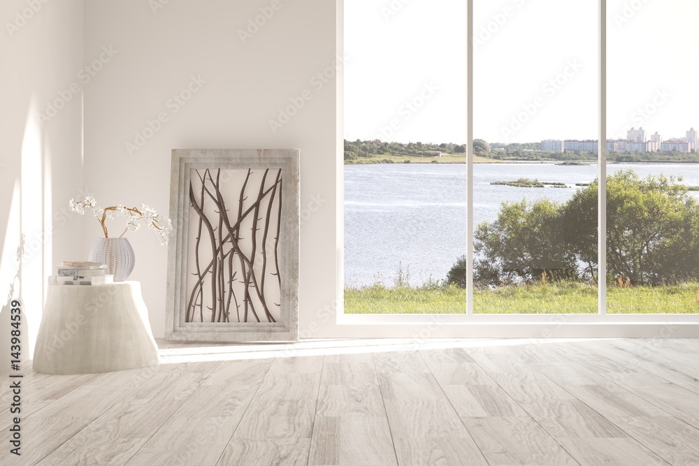 White empty room with green landscape in window. Scandinavian interior ...