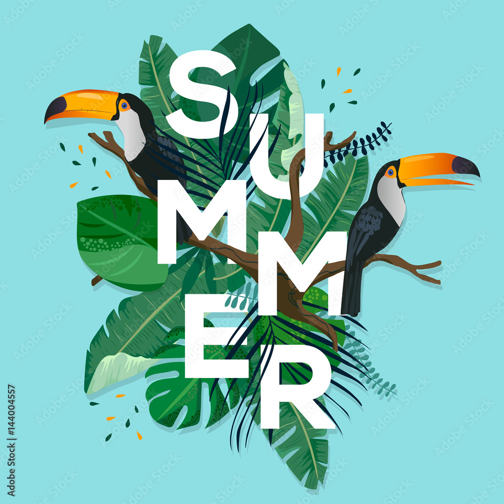 Summer letter with tropical leaves. Season sale vector label. Foliage ...