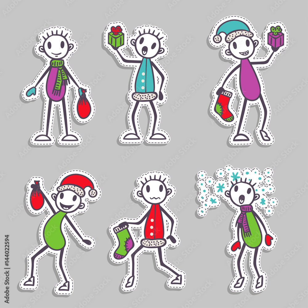 Stick figure paper stickers - Christmas and New Year collection, vector ...