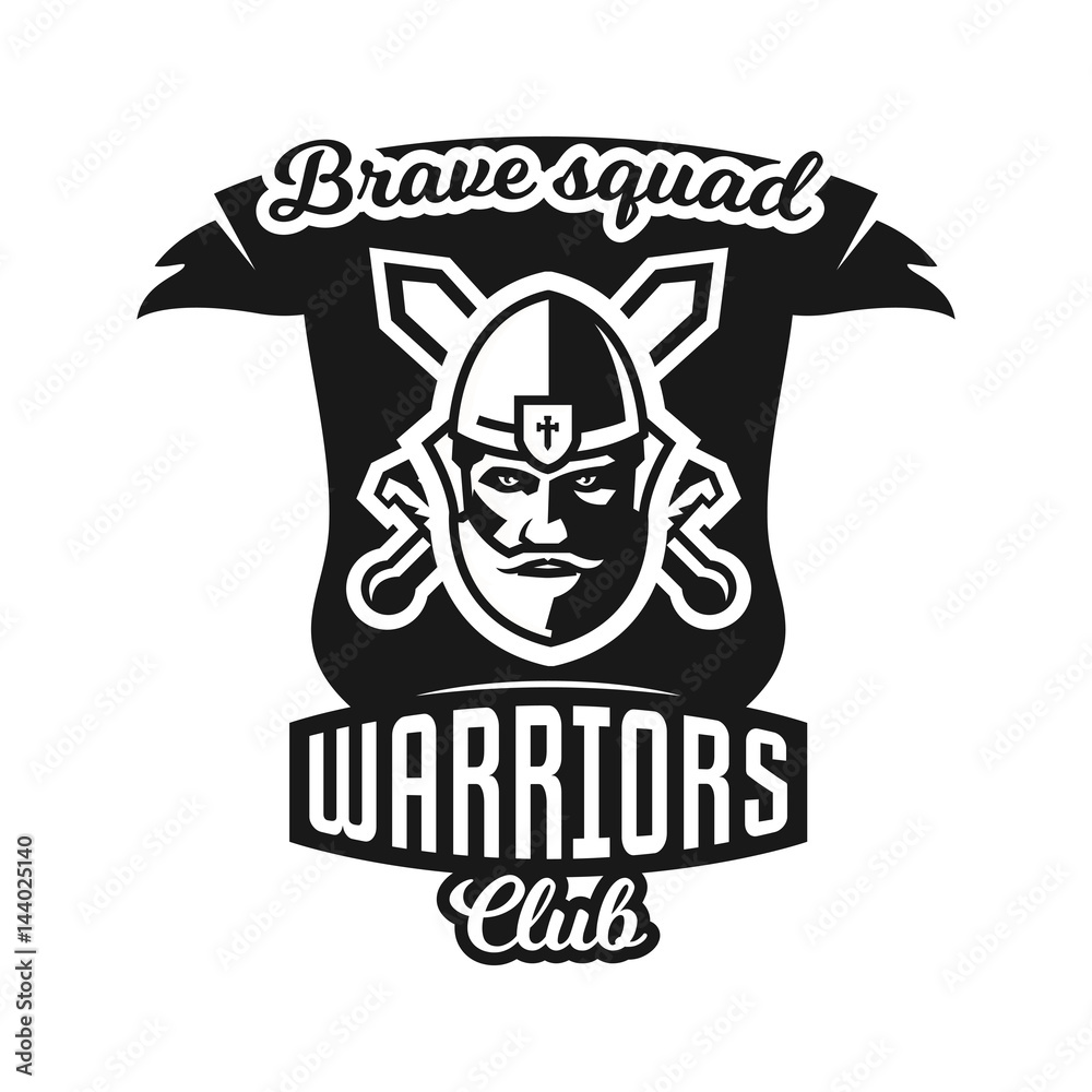 Monochrome logo, emblem, knight in helmet against the background of ...
