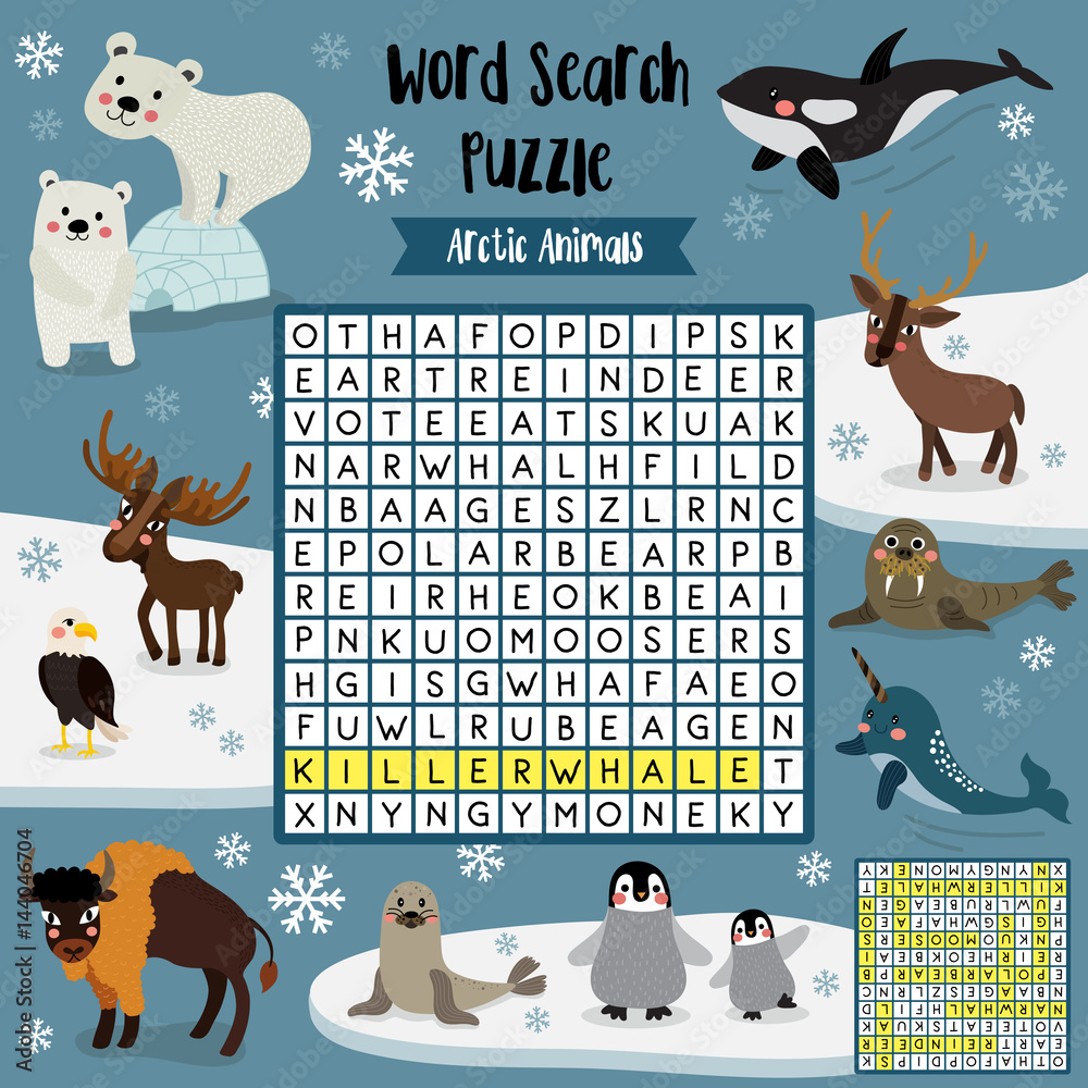 Words search puzzle game of arctic animals for preschool kids activity ...