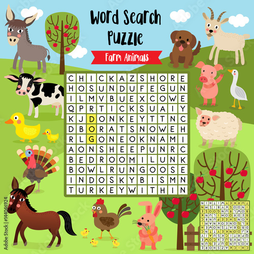 Words search puzzle game of farm animals for preschool kids activity ...