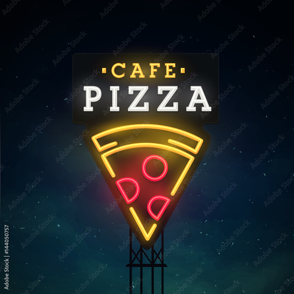 Pizza road sing. City sign neon. Logo, emblem. Pizza neon sign, bright ...