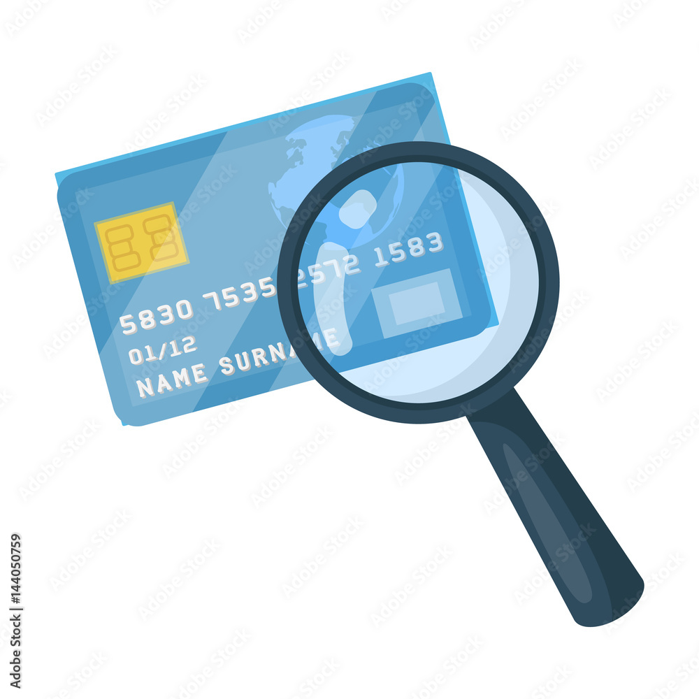 Plastic credit card with a magnifying glass. Detective looking for ...