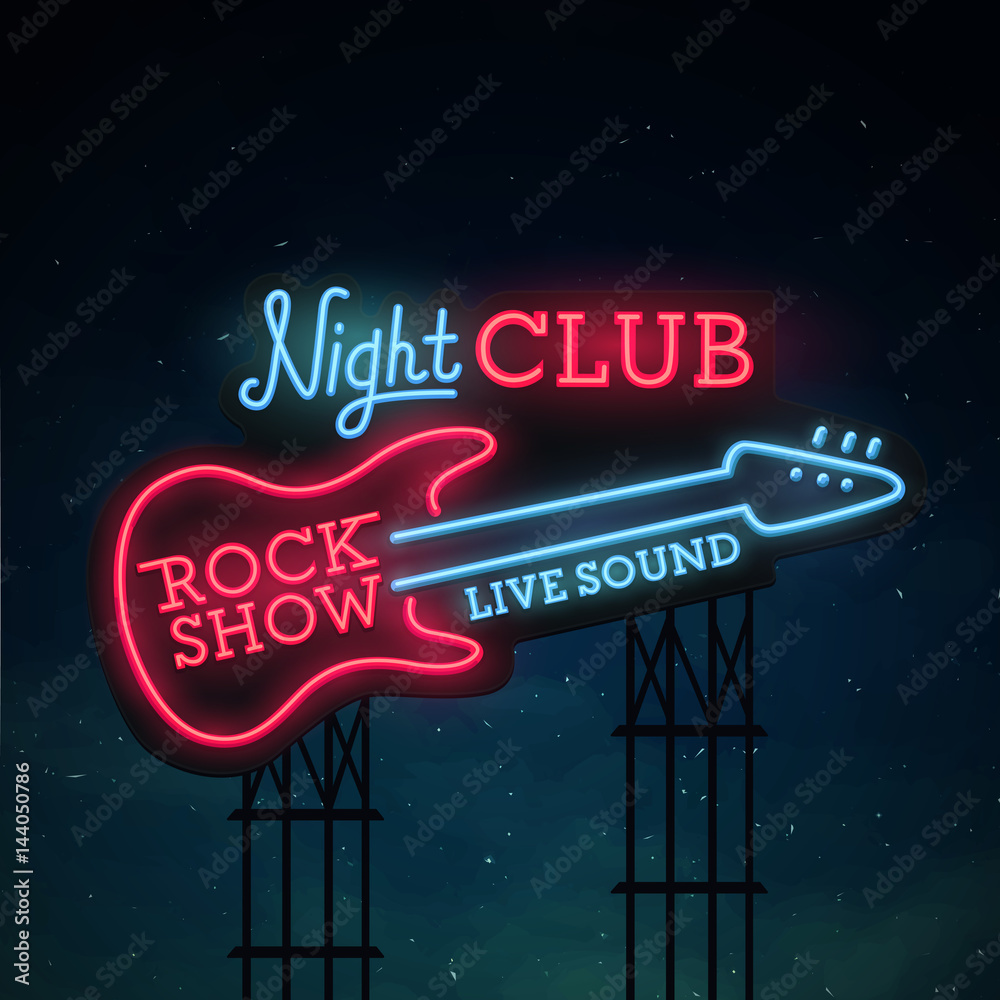 Rock Show sign. bright signboard, light banner. Night club logo, emblem ...